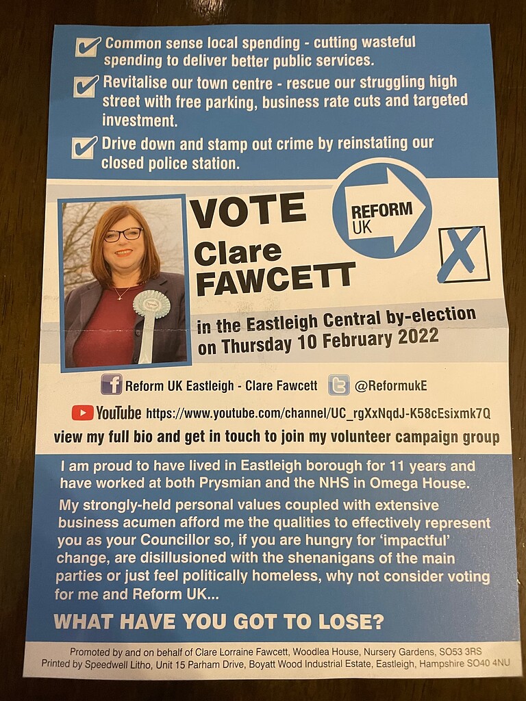 Eastleigh Central By-Election - Feb 2022 - Reform UK Leaflet 1 ...